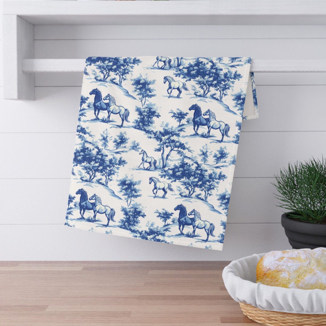 Horse Toile De Jouy Tea Towel, Blue Ivory French Toile Kitchen Towel ...