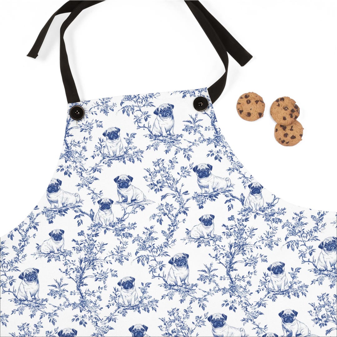 Pug French Toile Apron, Blue Toile De Jouy Apron for Pug Mom, Kitchen ...