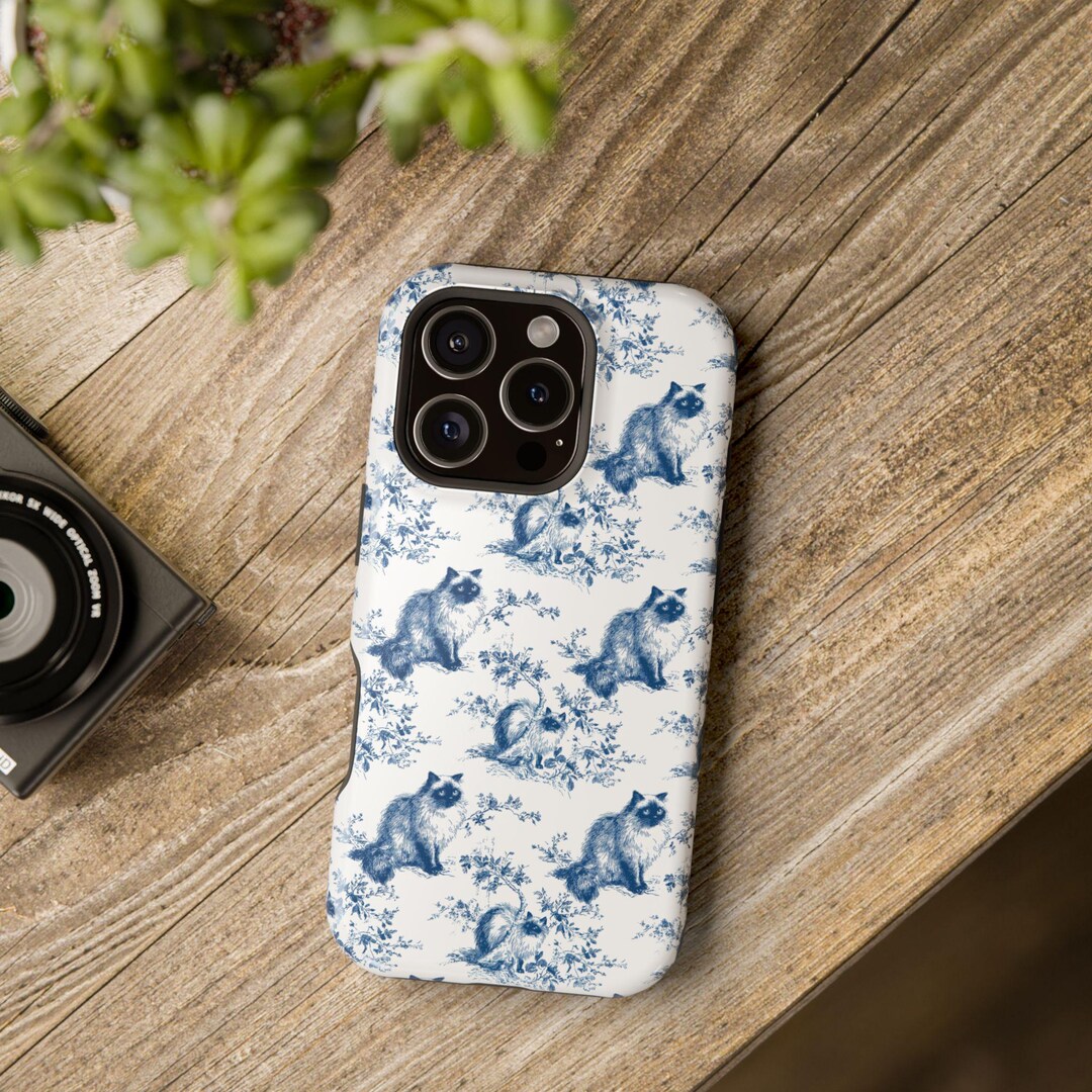 Himalayan Cat Blue Toile Magsafe Tough Phone Case iPhone 16, 15, 14 Pro ...