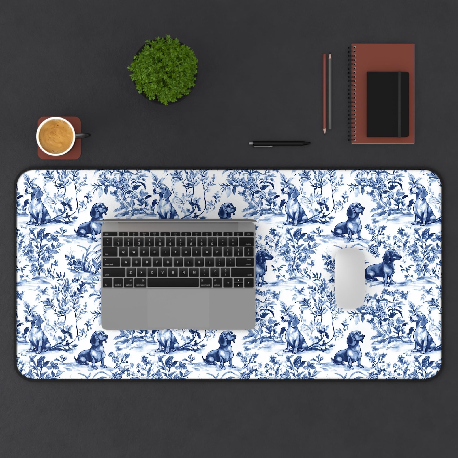 Dachshund Toile Desk Mat, Doxie Blue Toile De Jouy Non-slip Desk Pad ...