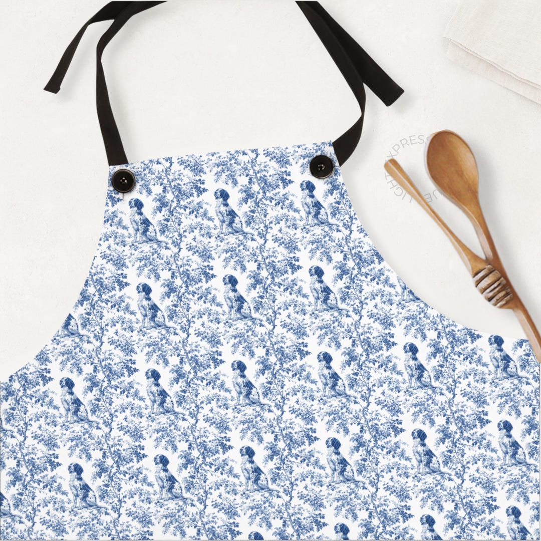 Brittany Spaniel French Toile Apron, Blue Toile De Jouy Apron for ...