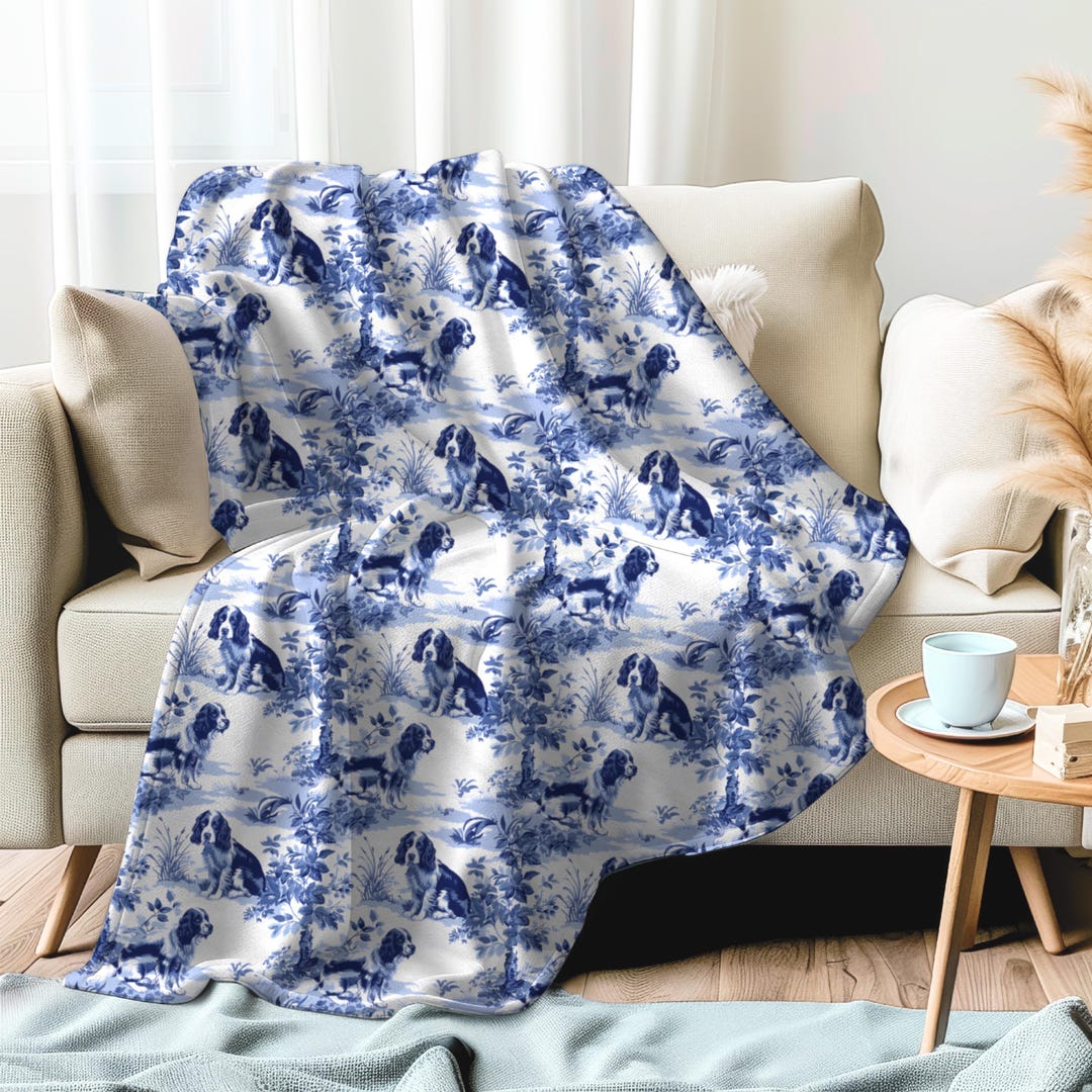 Springer Spaniel French Toile Blanket, Velveteen Blue Toile De Jouy ...