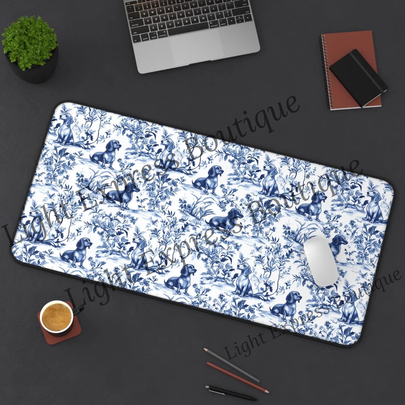 Dachshund Toile Desk Mat, Doxie Blue Toile De Jouy Non-slip Desk Pad ...