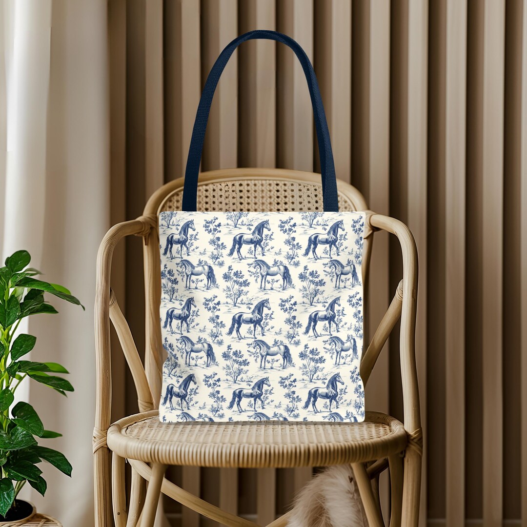 Vintage Horse Toile Tote Bag, Horse Lovers Blue French Toile Everyday ...