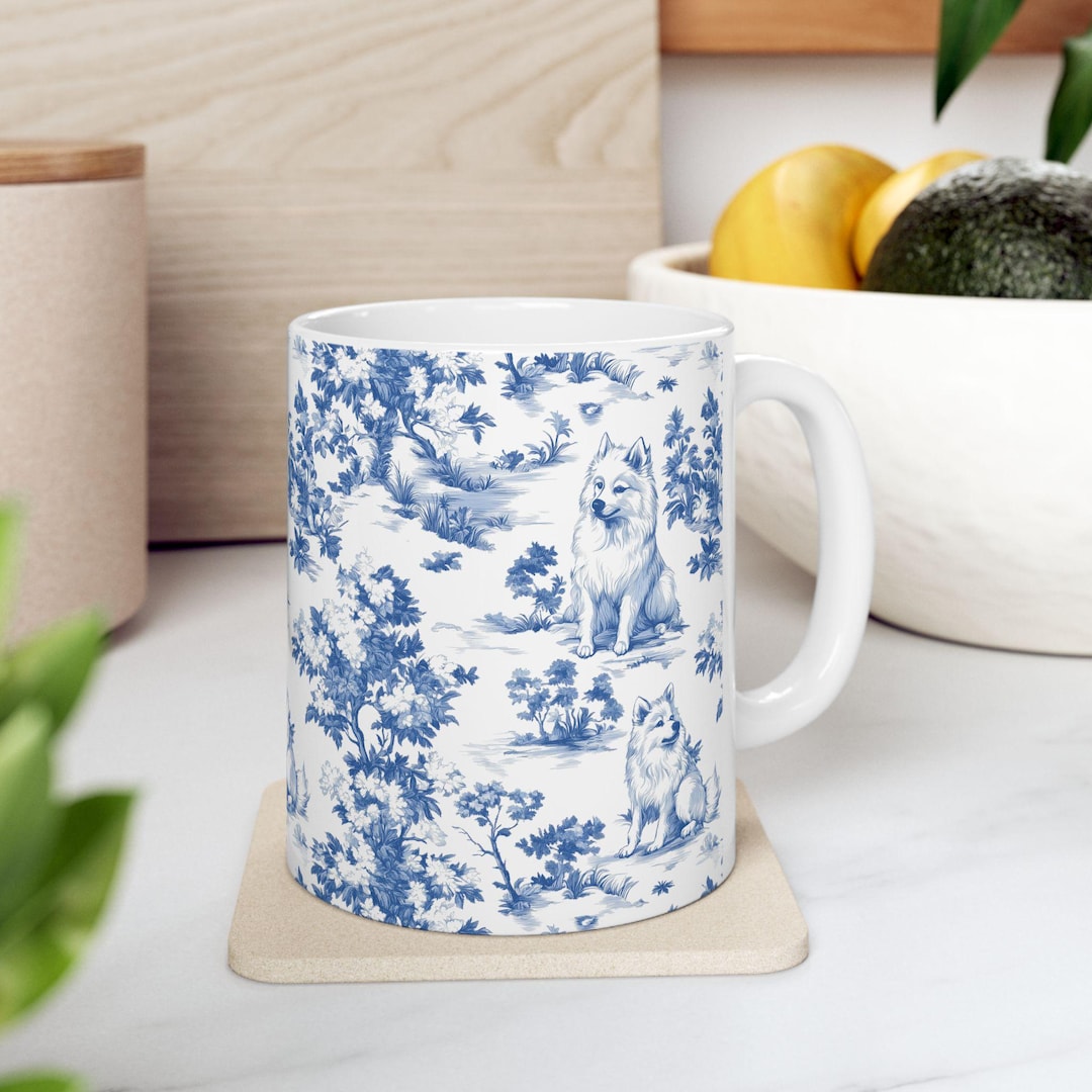 Samoyed Blue French Toile Mug - Elegant Samoyed Dog Lovers Toile De ...