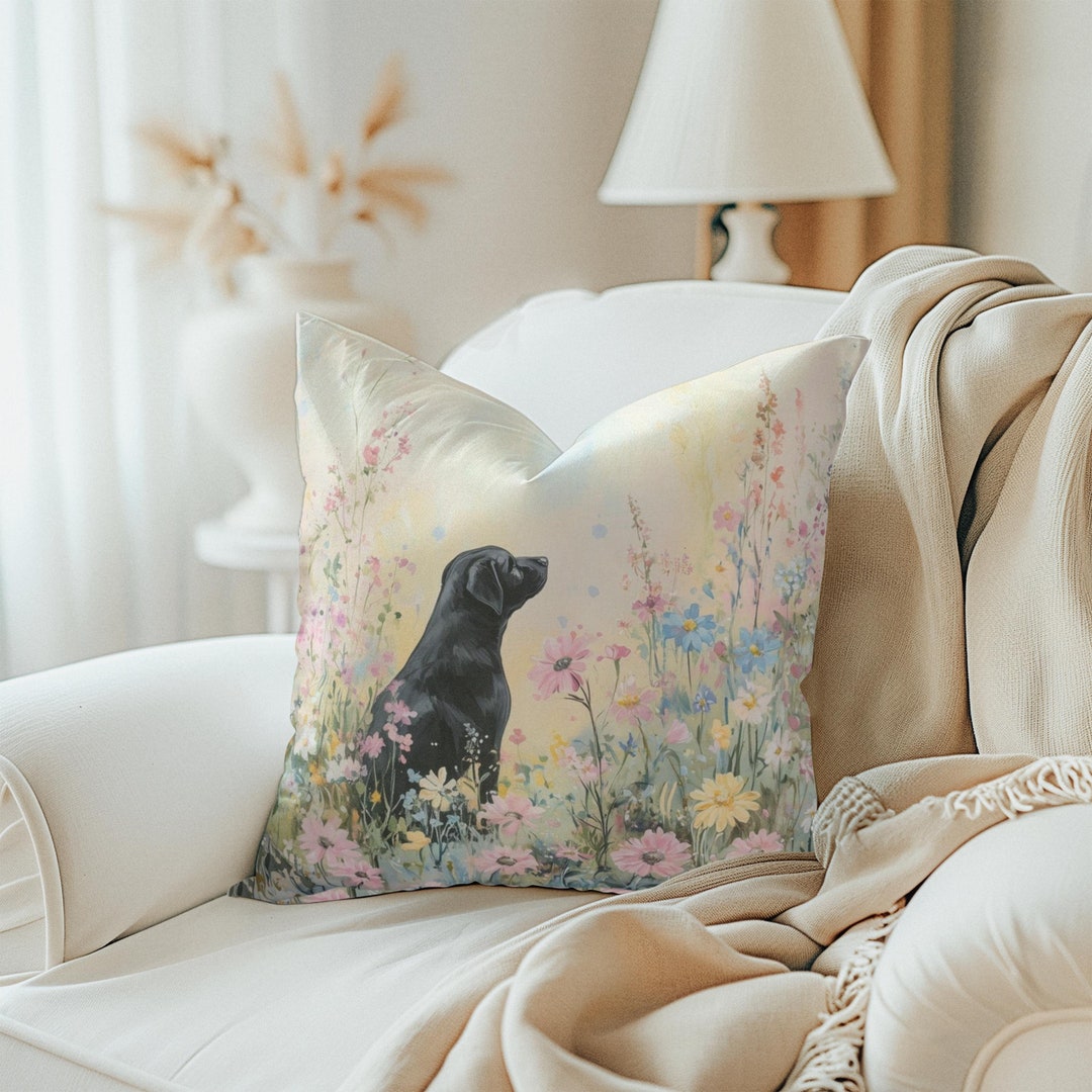 Black Labrador Floral Pillow Cover, Pastel Wildflower Garden Pillowcase ...