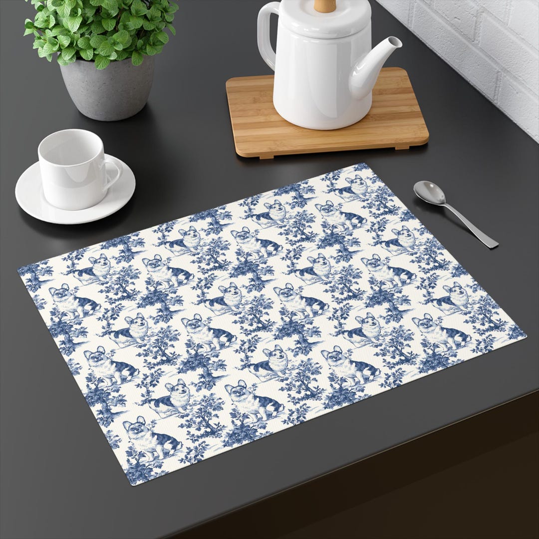 Corgi Placemat Blue Toile, Pembroke Welsh Corgi Toile De Jouy Dining ...