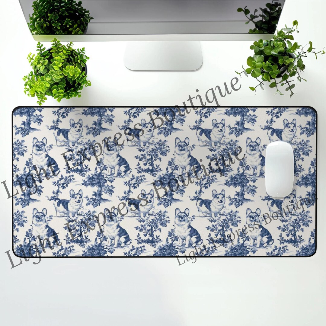 Corgi Toile Desk Mat, Corgi Blue Toile De Jouy Non-slip Desk Pad ...