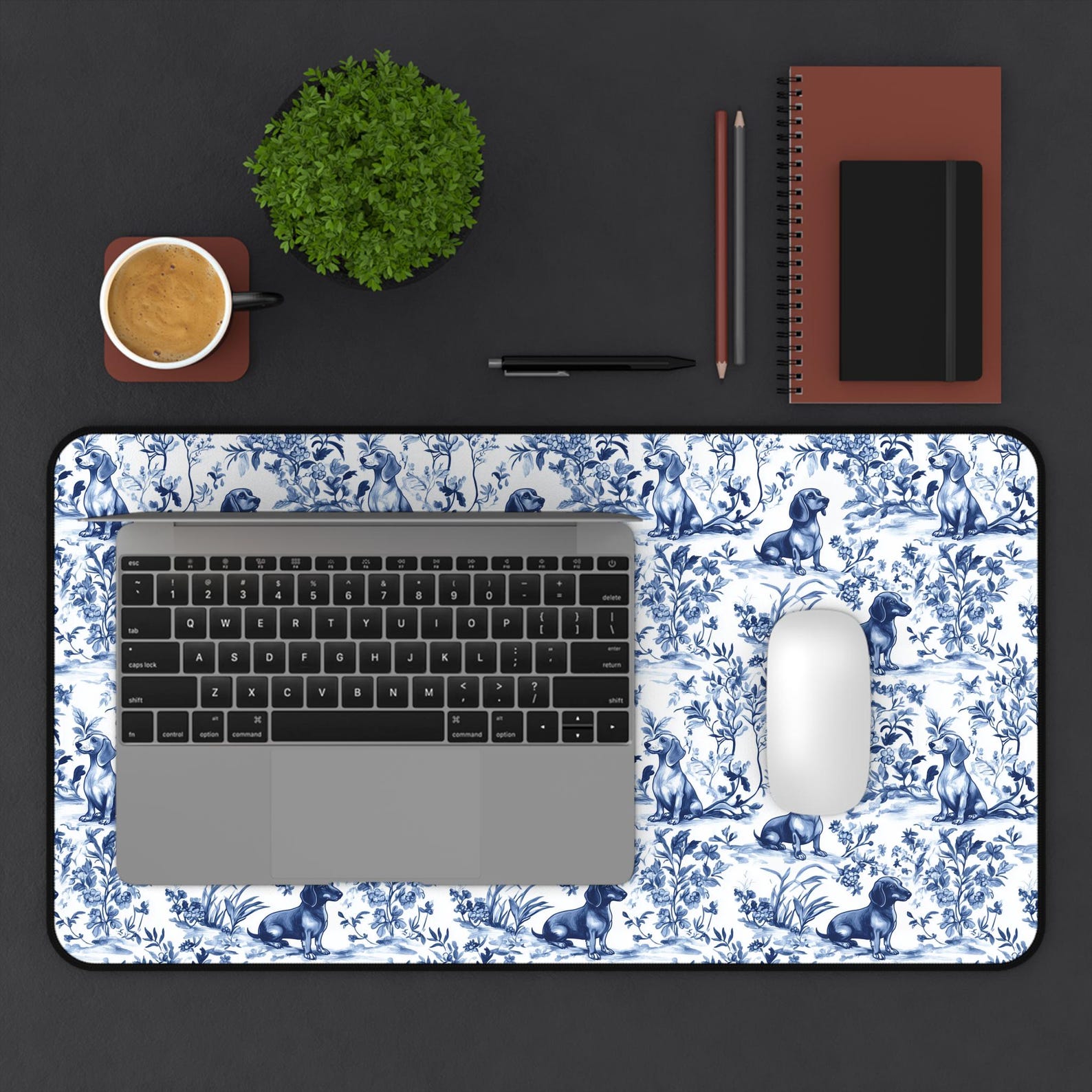 Dachshund Toile Desk Mat, Doxie Blue Toile De Jouy Non-slip Desk Pad ...