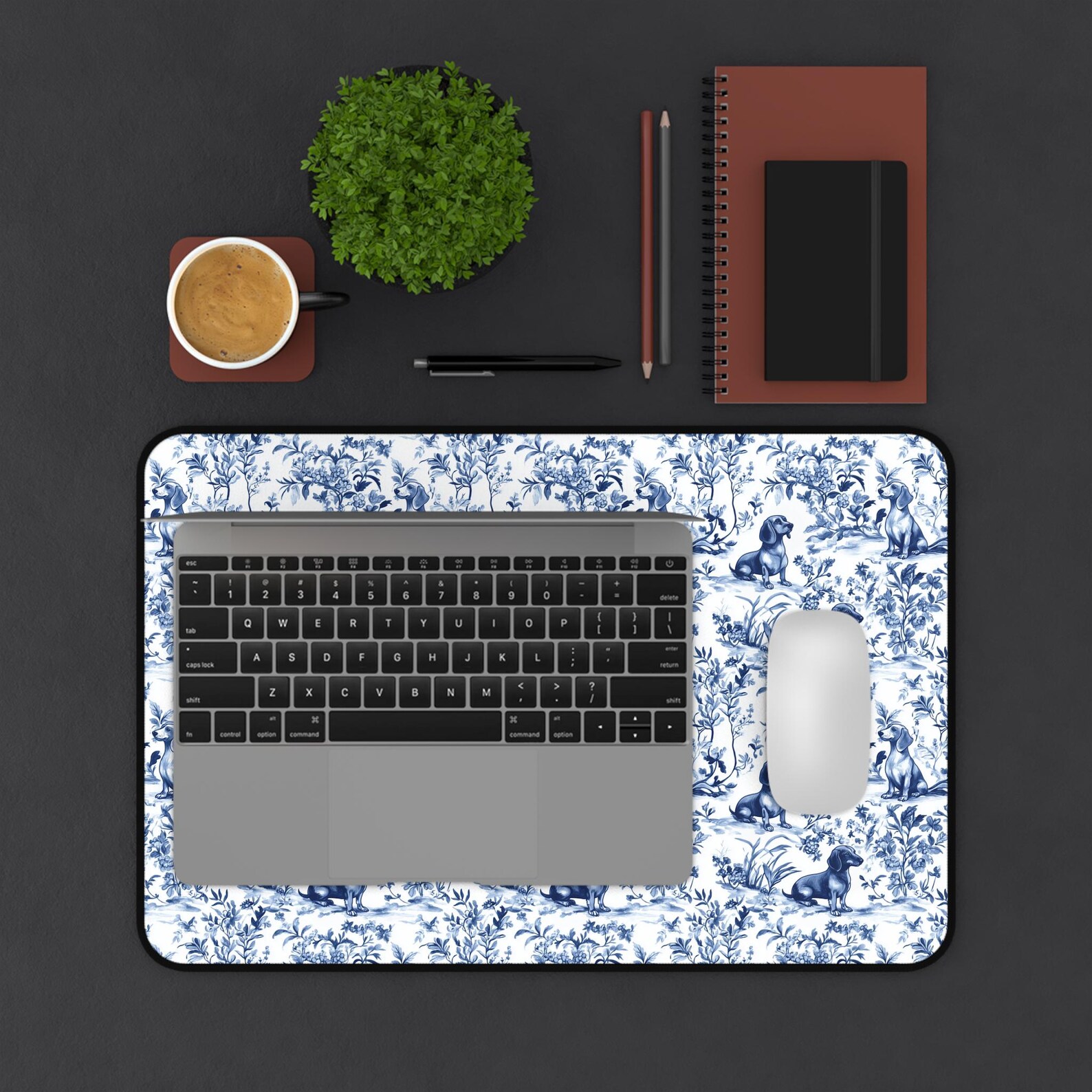 Dachshund Toile Desk Mat, Doxie Blue Toile De Jouy Non-slip Desk Pad ...