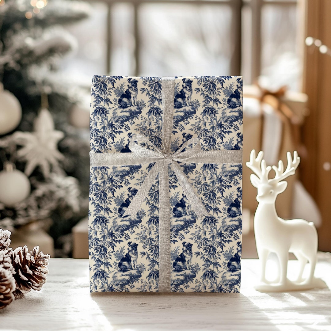 Australian Shepherd Blue Toile Wrapping Paper, Gift Wrap Paper, Toile ...
