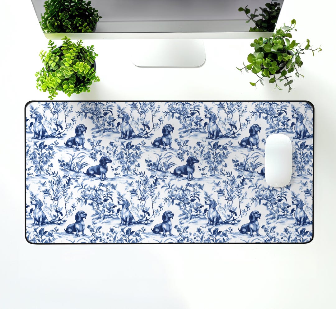 Dachshund Toile Desk Mat, Doxie Blue Toile De Jouy Non-slip Desk Pad ...