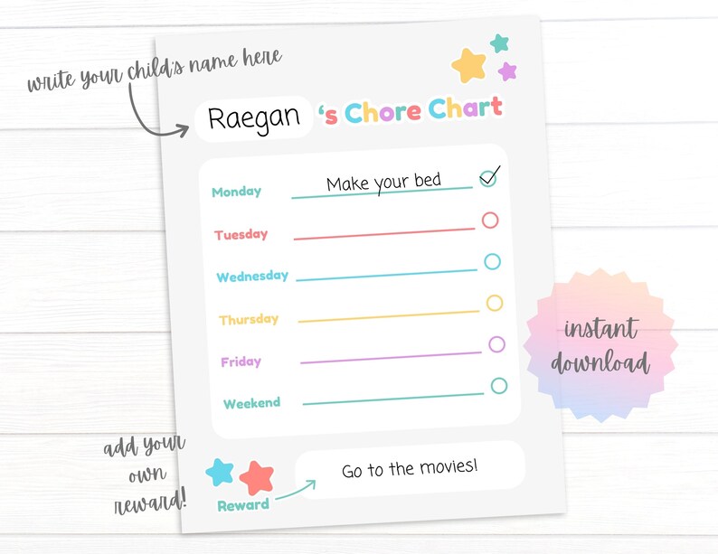 Chore Chart Kids, Routine Checklist, Digital Download, Fun Chore Chart ...