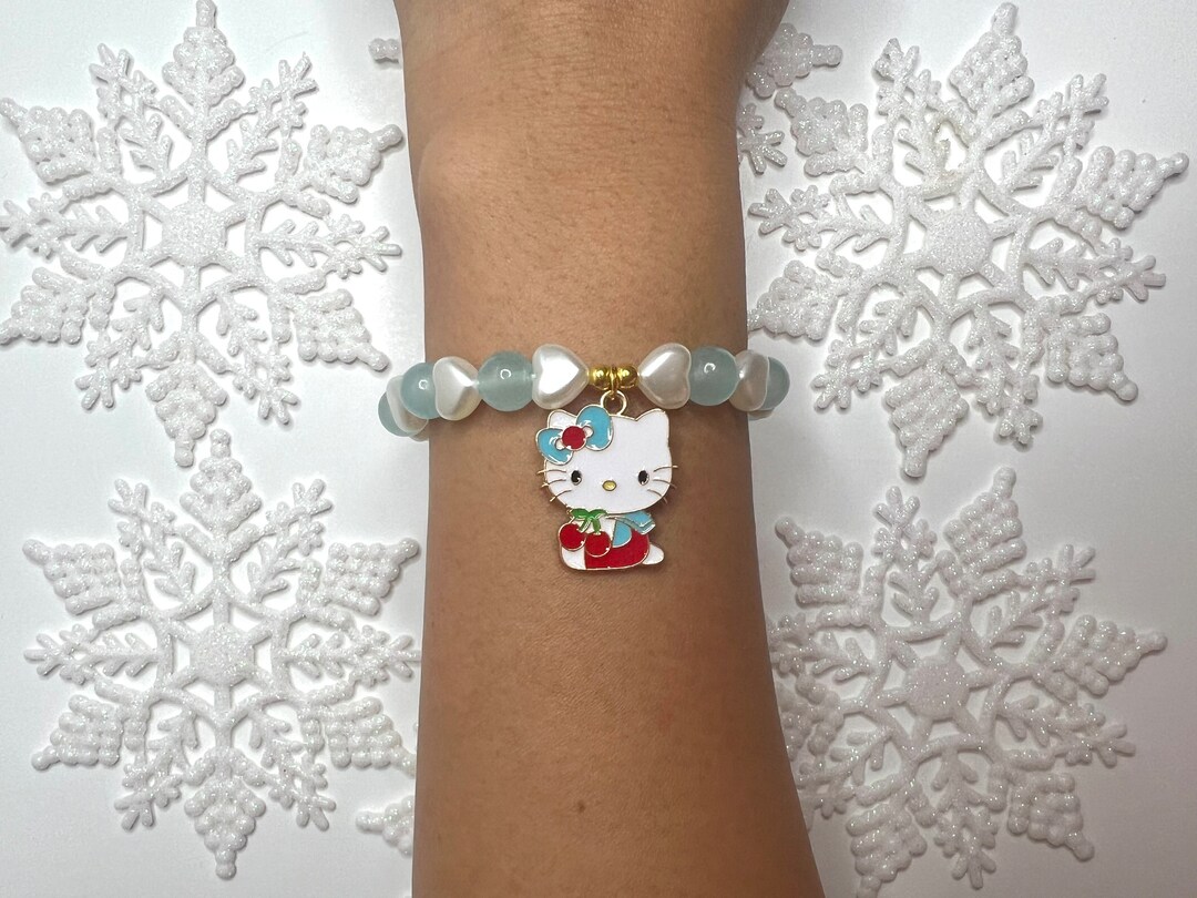 Hello Kitty Bracelets, Handmade Bracelets, Blue Hello Kitty, Faux Pearl ...