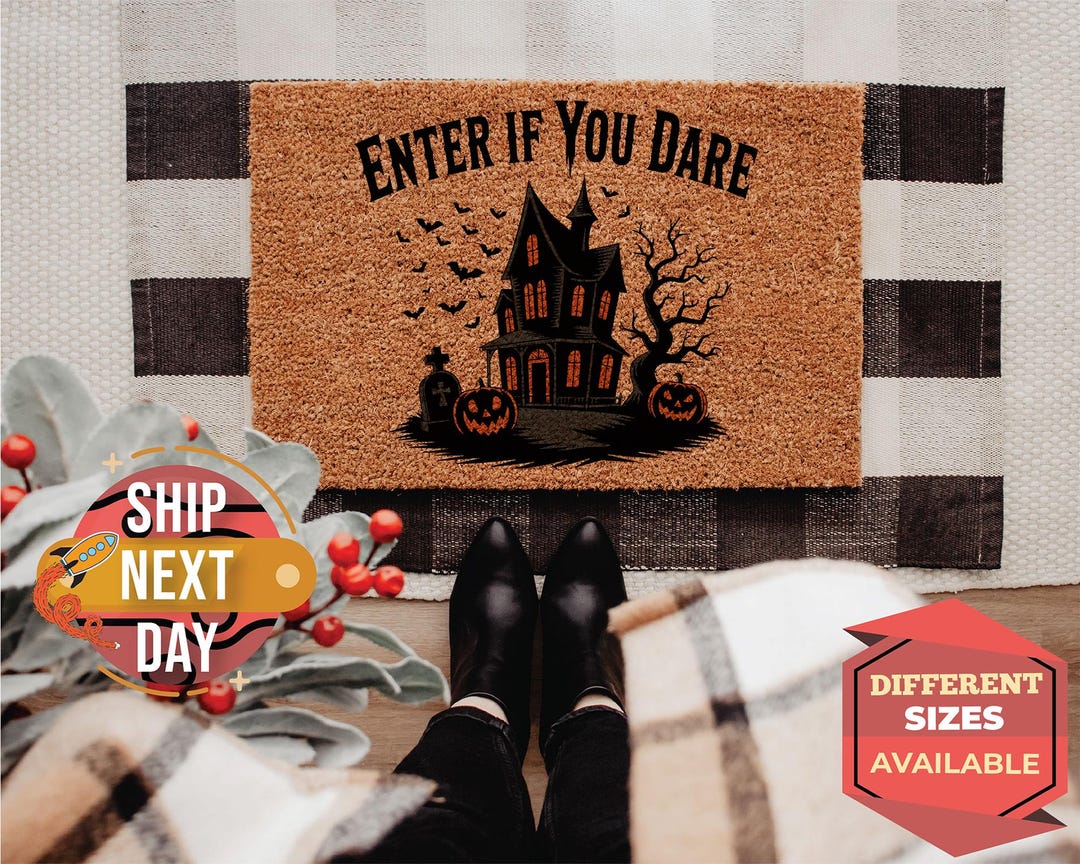 Enter If You Dare Welcome Mat, Flying Bats & Graveyard Scene Doormat ...