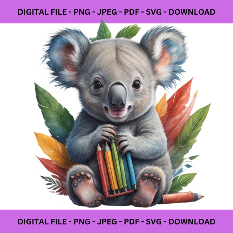 Whimsical Baby Koala Watercolor, Educational Theme Digital Art ...
