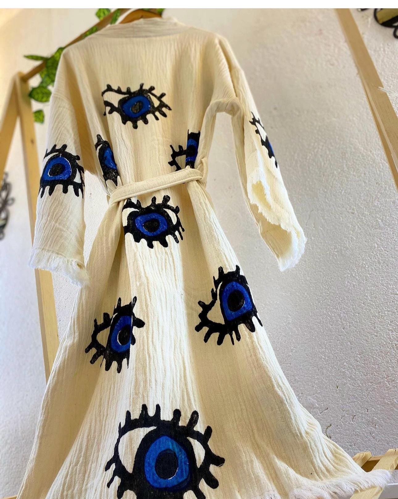 Turkish Cotton Robe: Handprinted Evil Eye Kimono Gown - Etsy