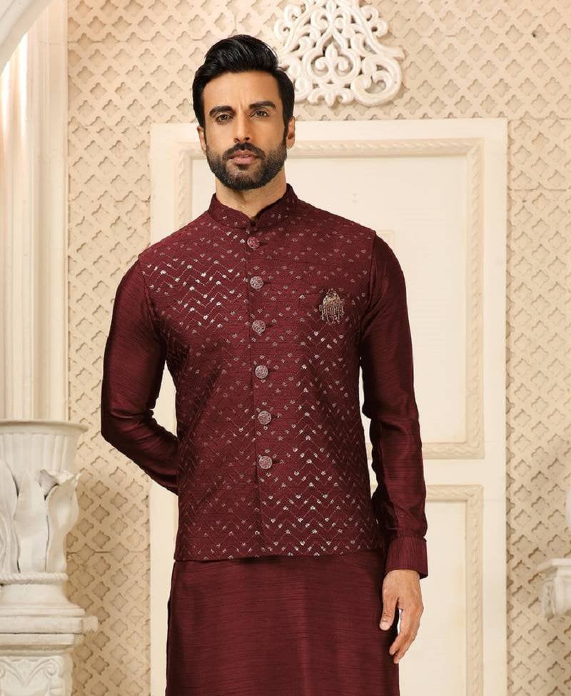 Maroon Indian Tredition Function Wear Koti Kurta Set Indian Weddings ...