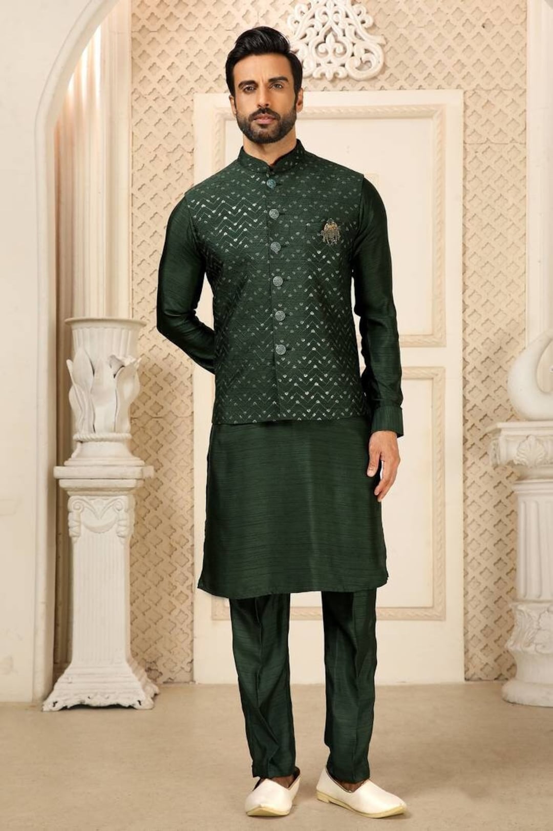 Dark Green Julburry Fabric Indian Wedding Mens Koti Kurta Set Party ...