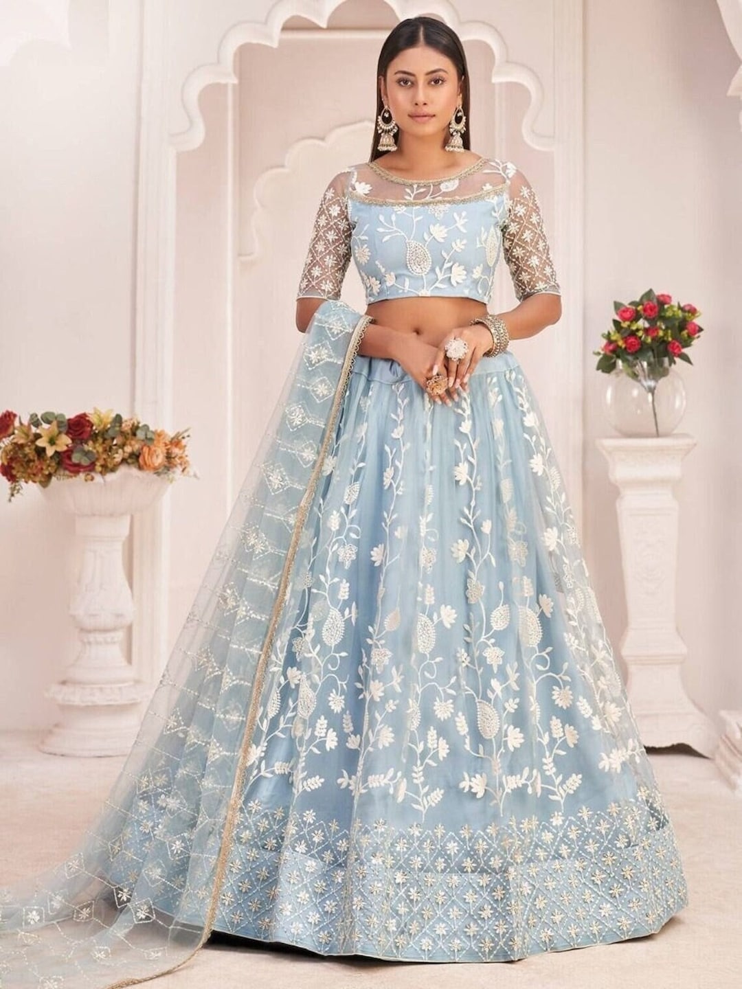 Sky Color Soft Net Lehenga Choli Party Wear Lahanga Choli Designer ...