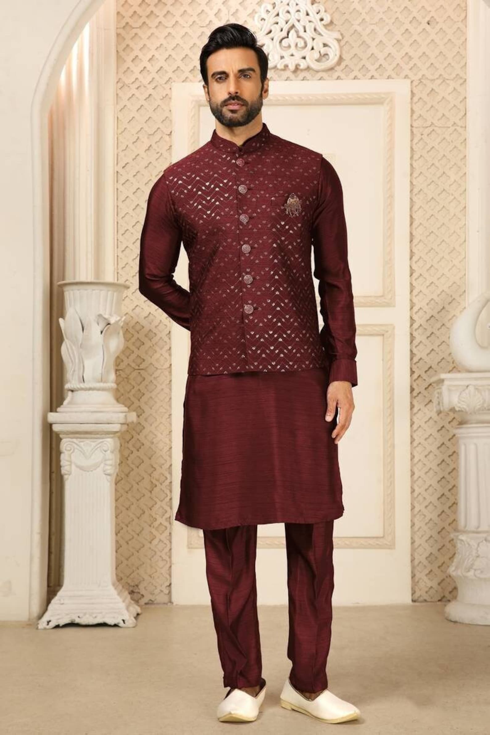 Maroon Indian Tredition Function Wear Koti Kurta Set Indian Weddings ...