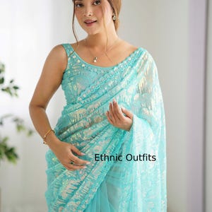 Perfect Sky Blue Saree for Women Indian Wedding Party Wear Sarees ...