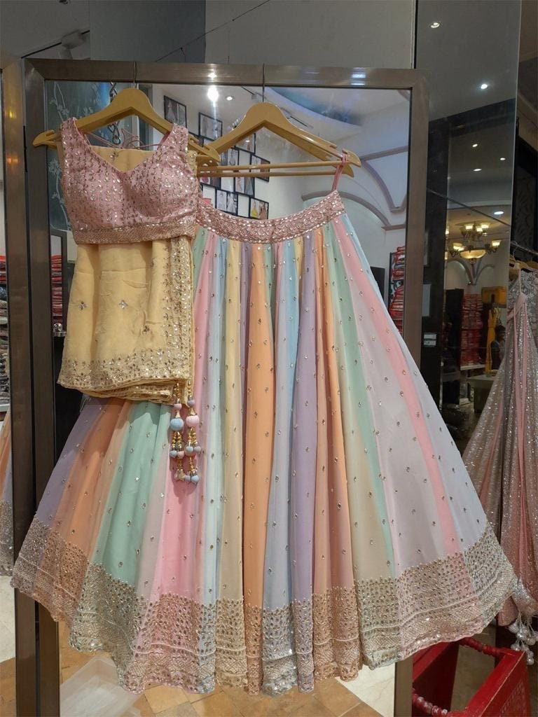 Multi Color Sequence Thread Embroidery Work Lehenga Choli Festivel ...