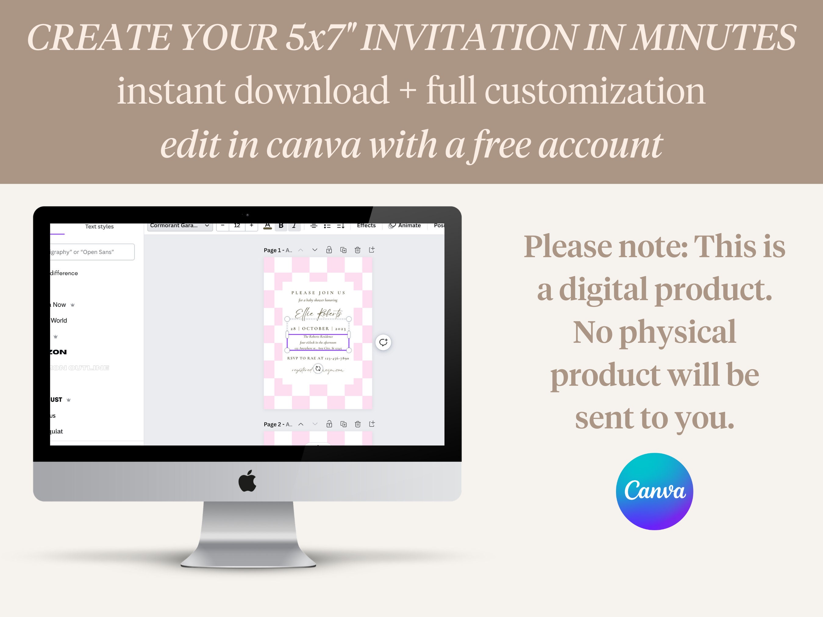 Pink Checkered Baby Shower Invitation: Editable Canva Template (digital ...