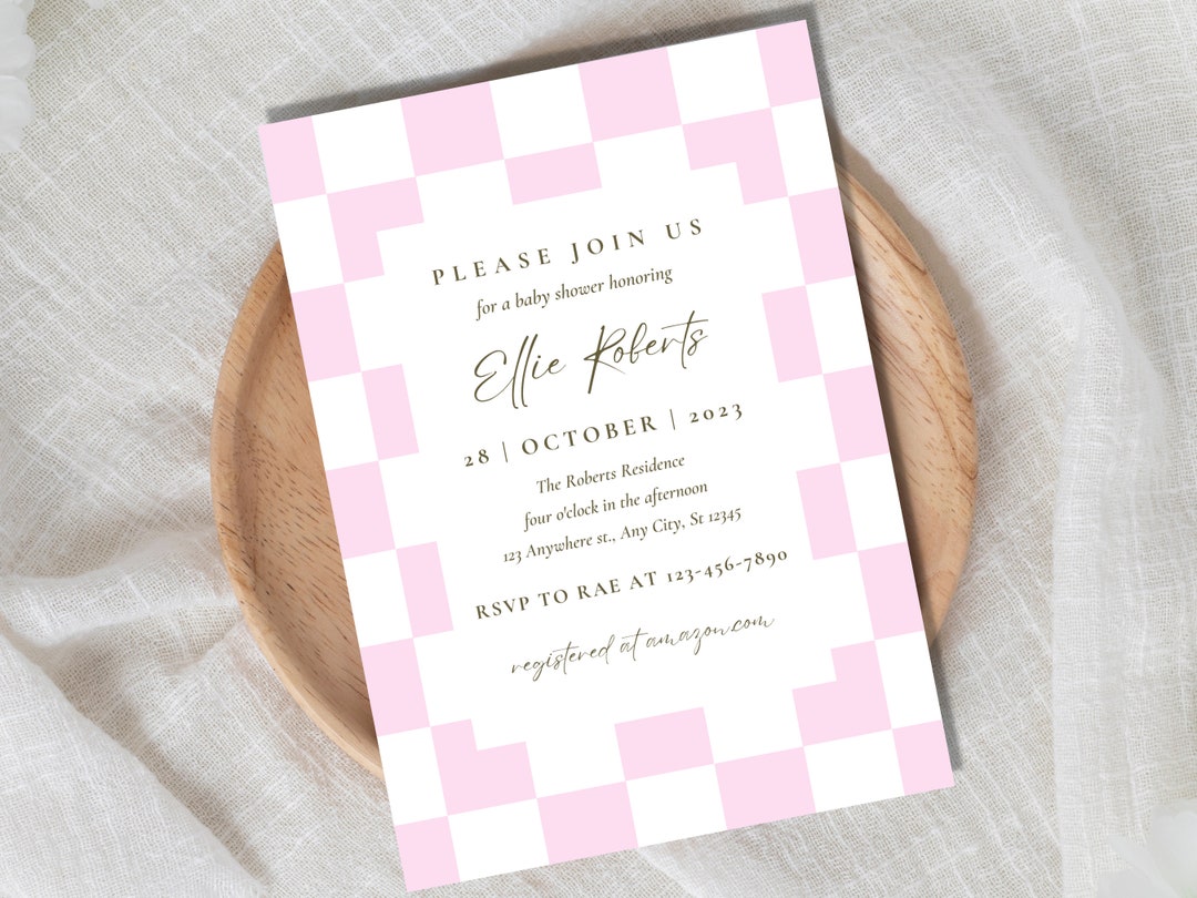 Pink Checkered Baby Shower Invitation: Editable Canva Template (digital ...