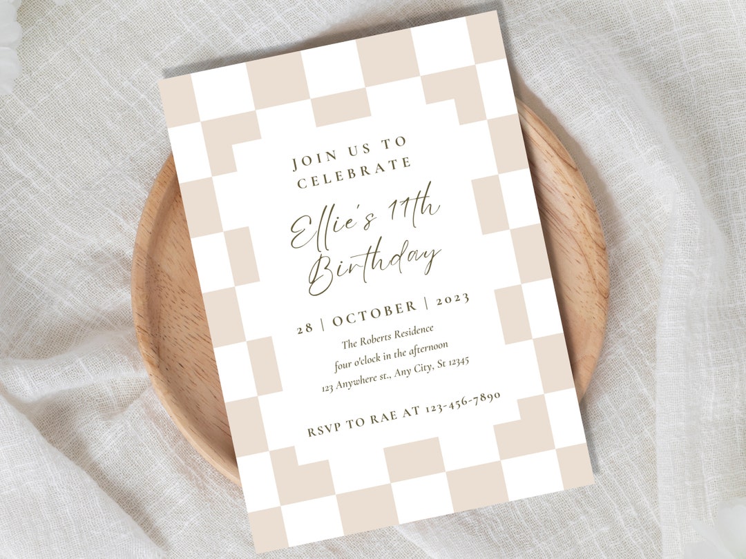 Checkered Birthday Party, Birthday Party Invitation, Beige Invitation ...