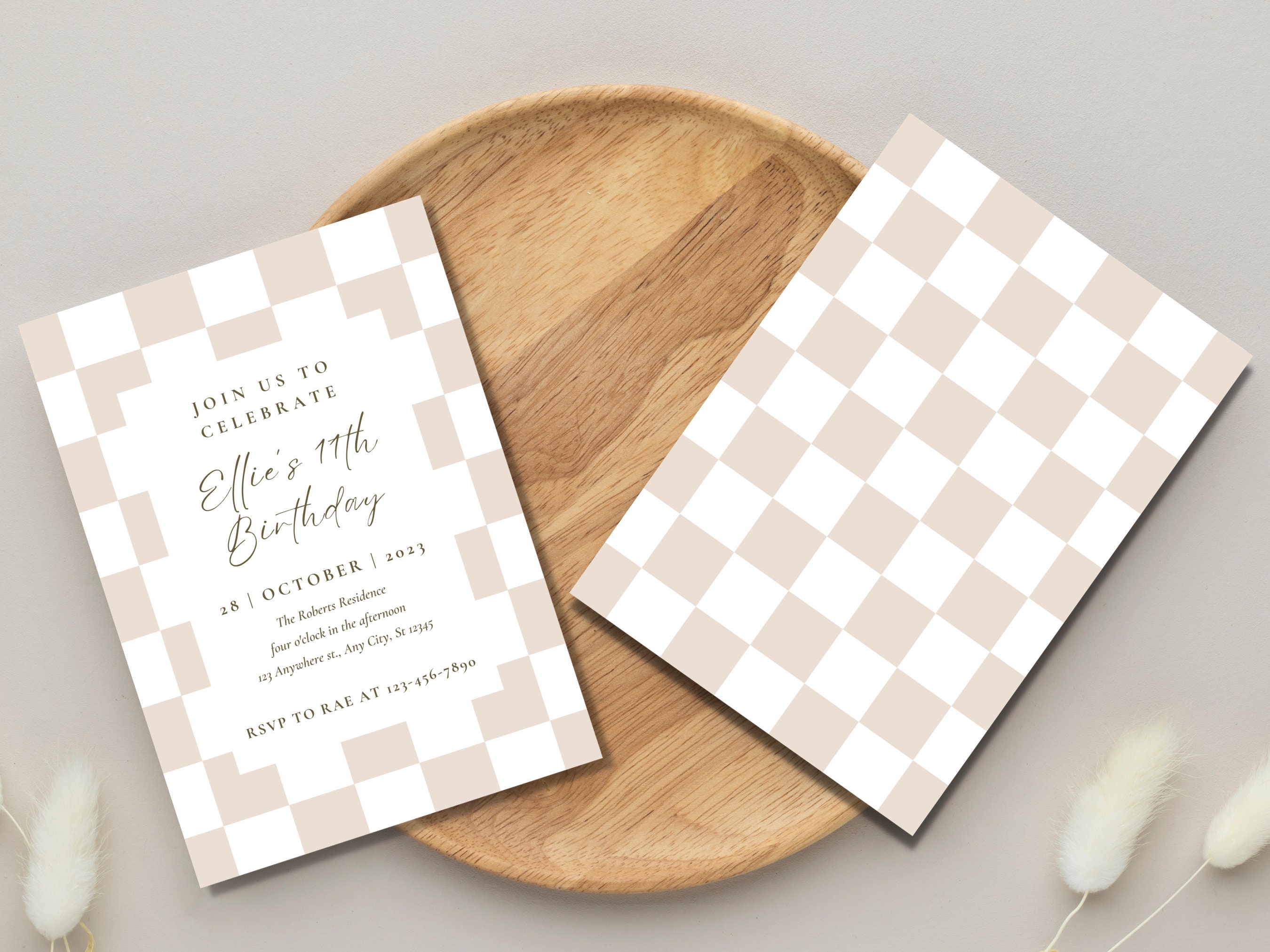 Checkered Birthday Party, Birthday Party Invitation, Beige Invitation ...