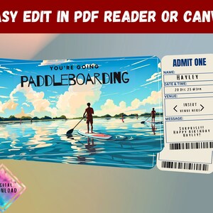 Paddleboarding Surprise Gift Ticket: Editable Printable Invitation ...