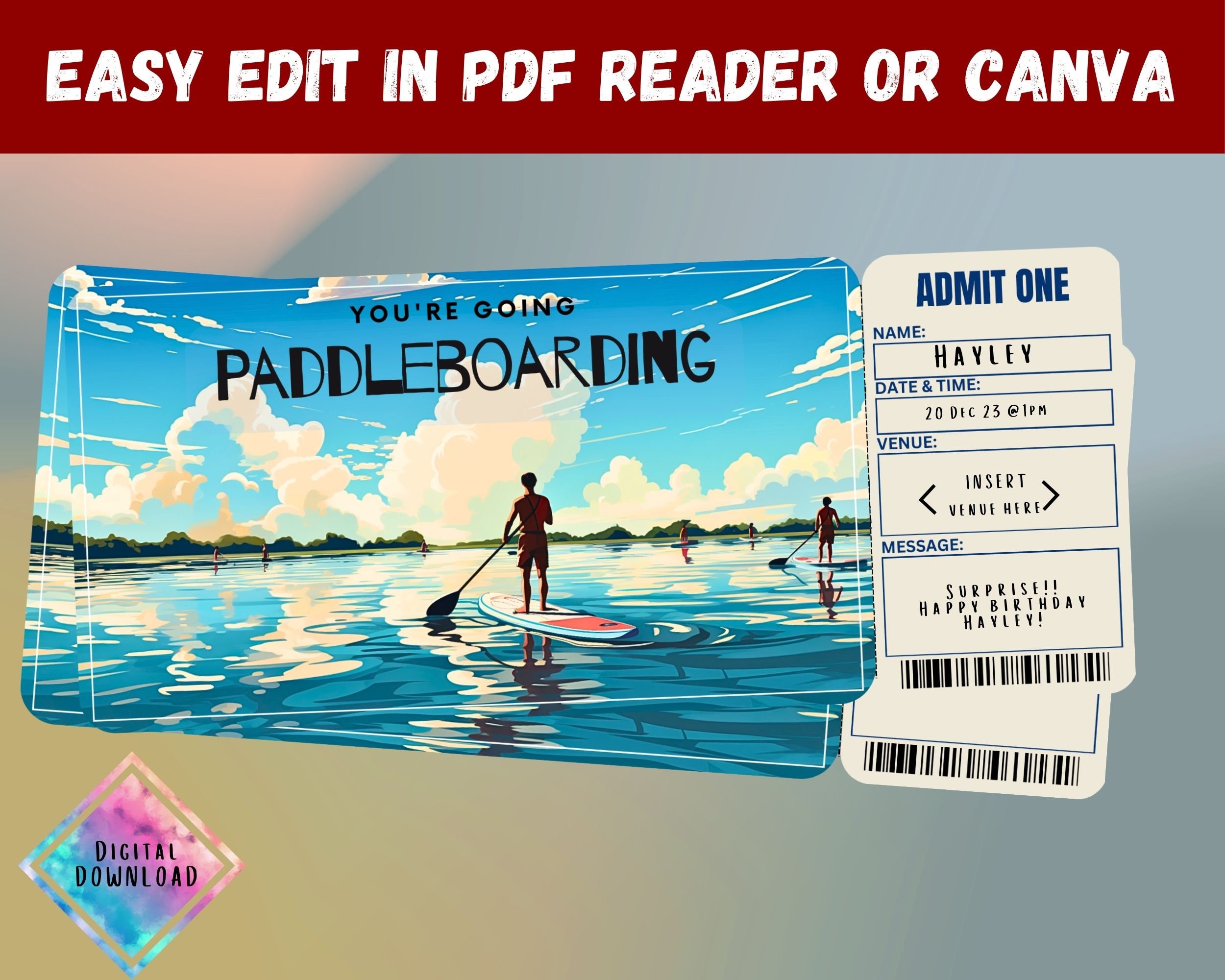 Paddleboarding Surprise Gift Ticket: Editable Printable Invitation ...