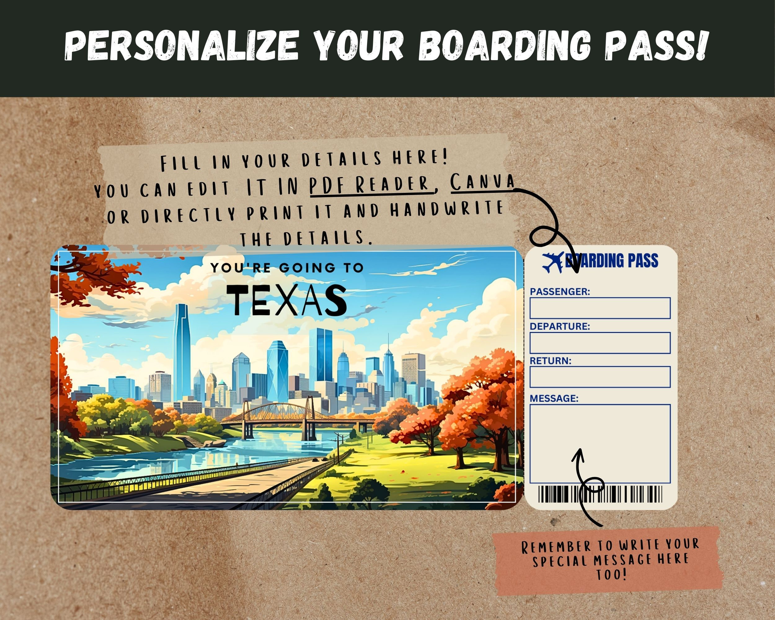 Texas USA Trip Surprise Gift Ticket You're Going to TEXAS Printable ...