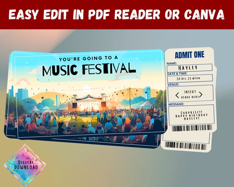 Music Festival Surprise Gift Ticket: Editable Printable Pass (digital ...