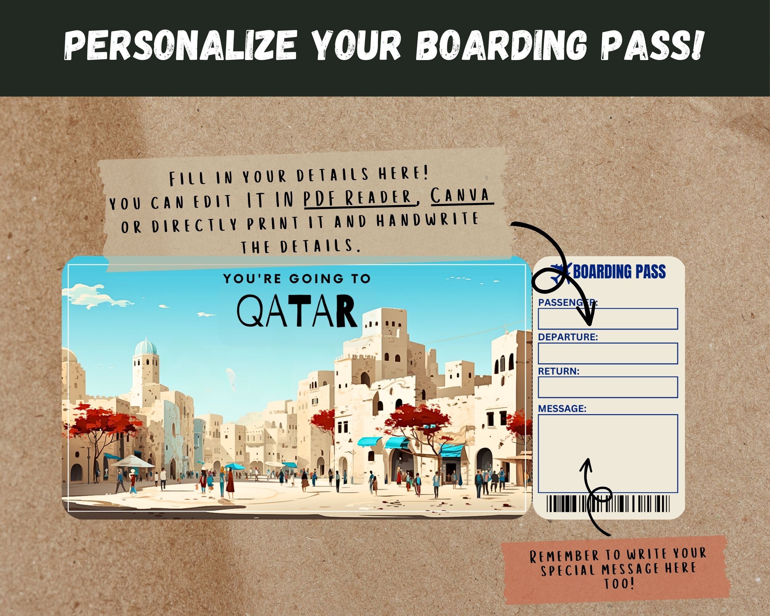 Qatar Trip Surprise Gift Ticket You're Going to QATAR Printable, Flight ...