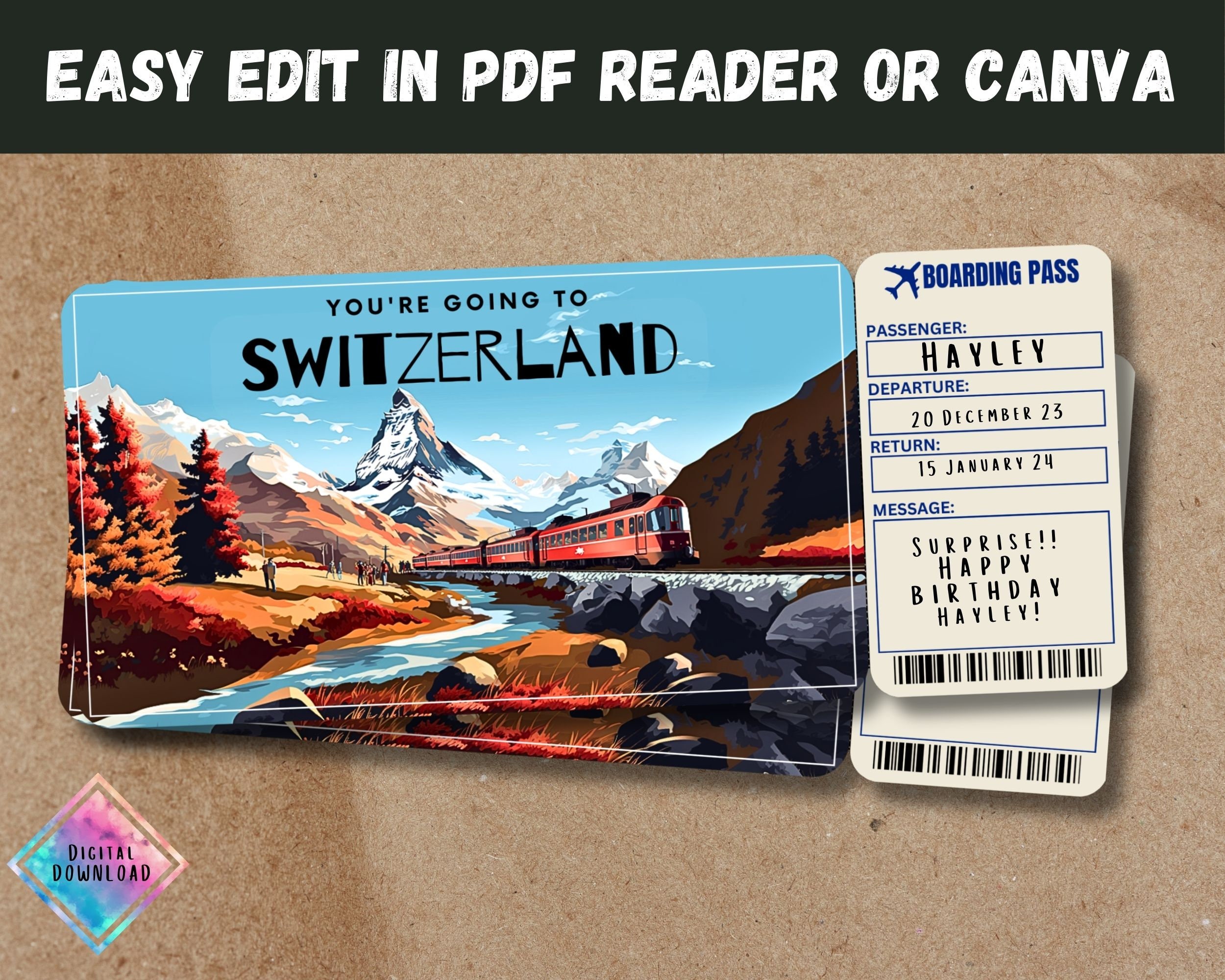 Switzerland Trip Surprise Gift Ticket: Editable Boarding Pass (instant ...