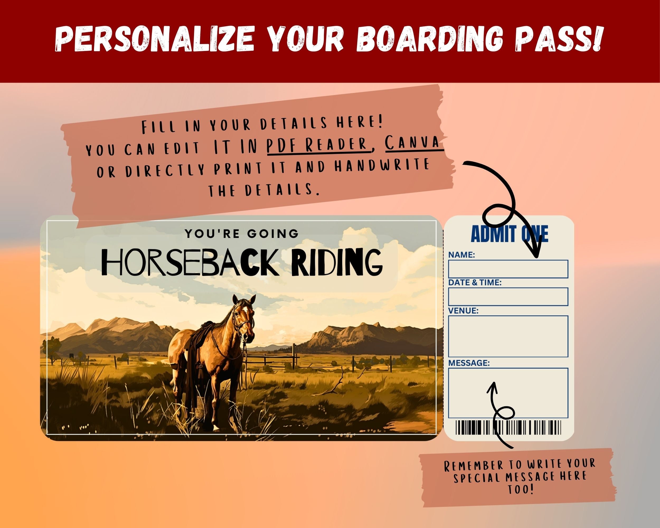 Horseback Riding Gift Ticket: Editable Surprise Pass (digital Download ...