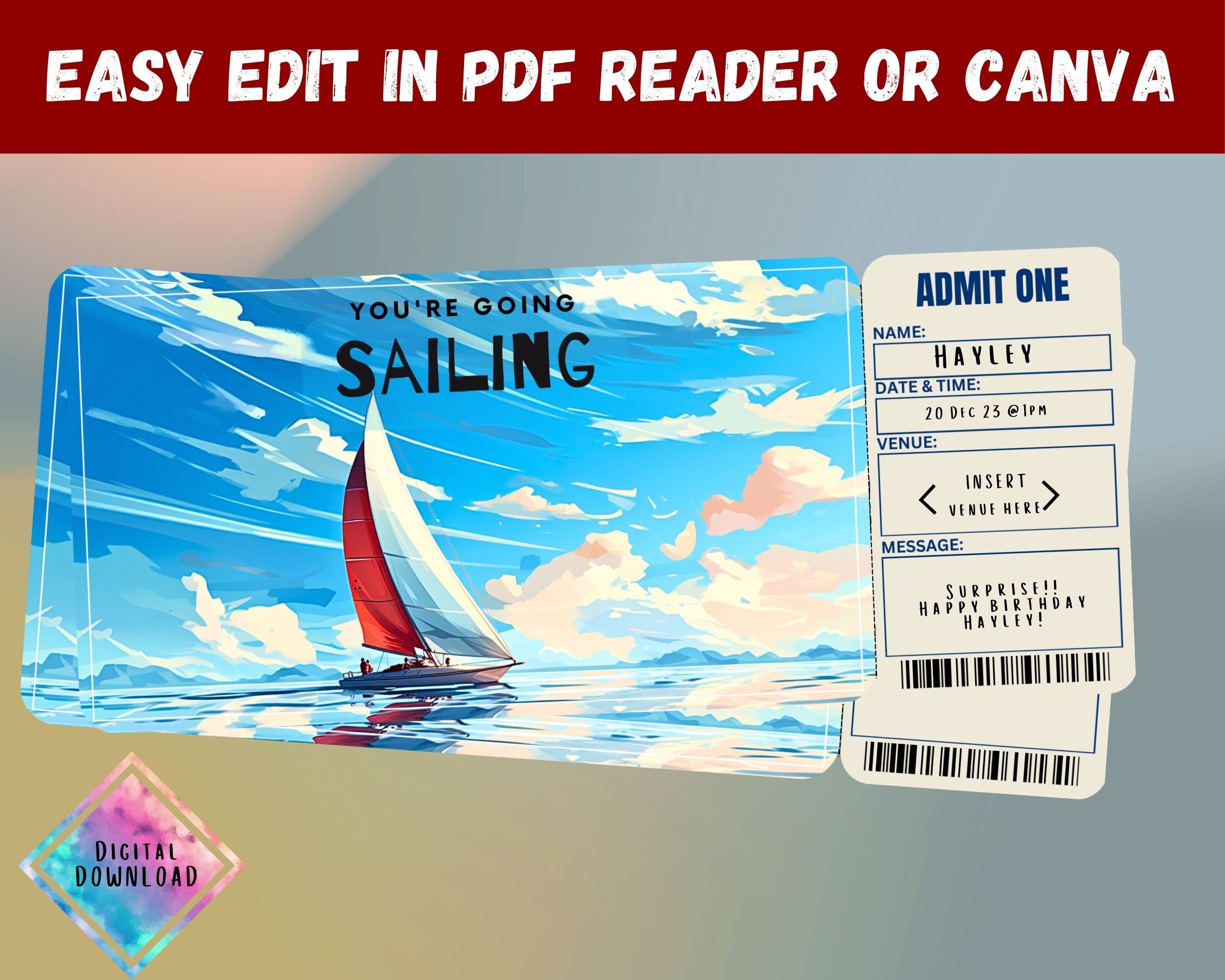 Sailing Surprise Gift Ticket Youre Going SAILING Printable, Pass ...