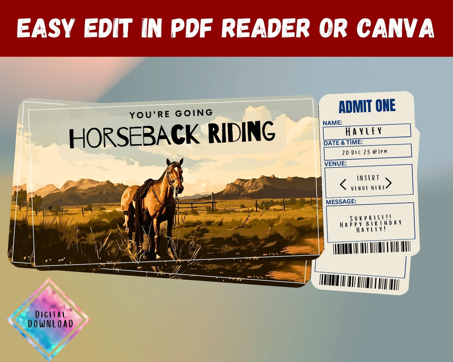 Horseback Riding Gift Ticket: Editable Surprise Pass (digital Download ...