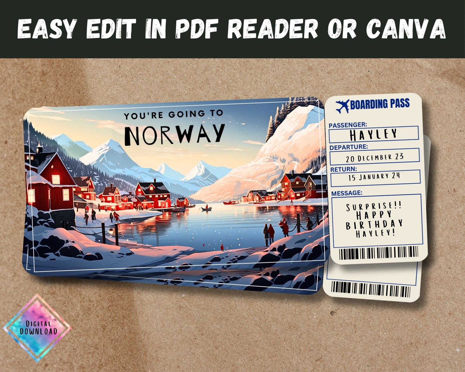 Surprise Norway Trip Ticket: Editable Boarding Pass (digital Download ...