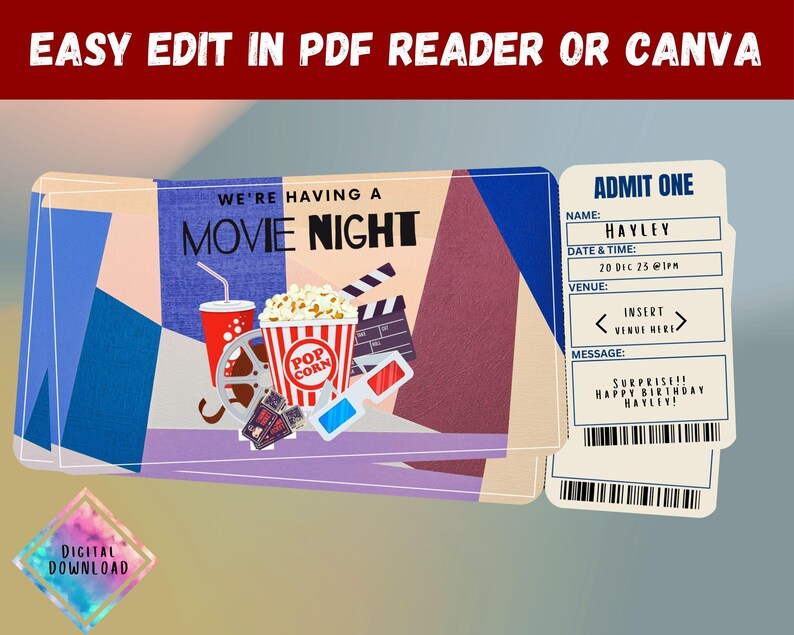 Editable Movie Night Gift Ticket: Printable Surprise Invitation ...
