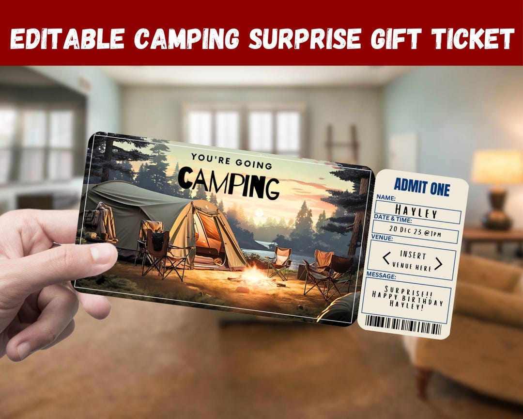 Camping Surprise Gift Ticket - You're Going CAMPING - Printable, Pass ...