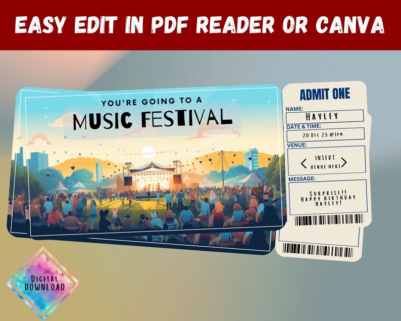 Music Festival Surprise Gift Ticket You're Going to a MUSIC FESTIVAL ...