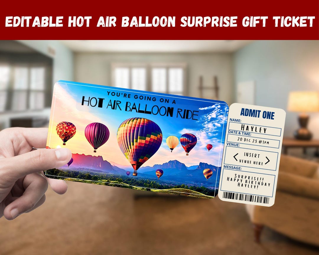 Hot Air Balloon Ride Gift Ticket: Editable Surprise Travel Pass ...