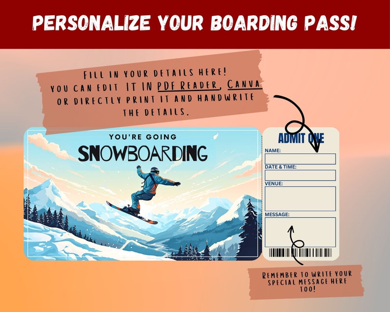 Snowboarding Surprise Gift Ticket: Printable Invitation (editable ...