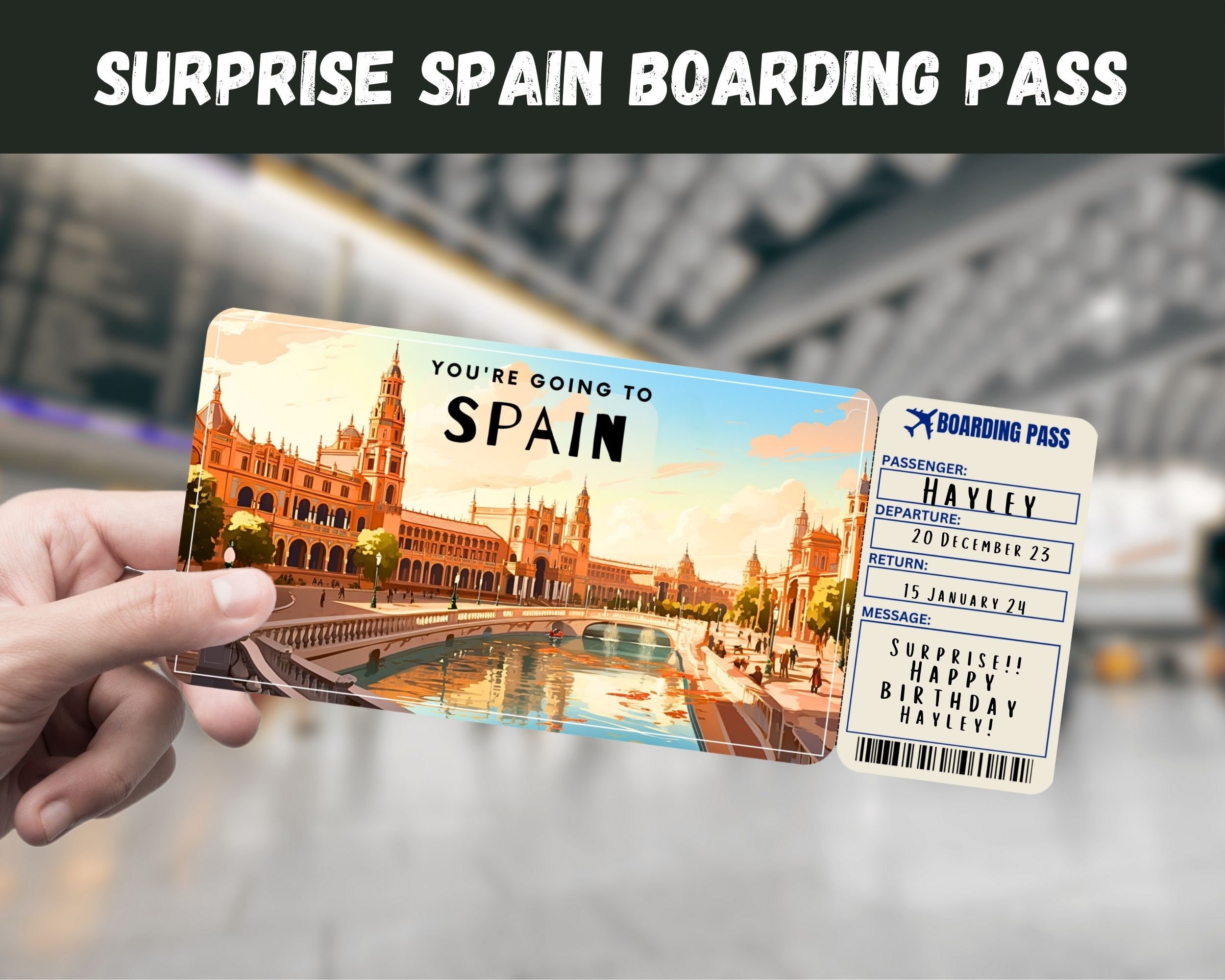 Spain Trip Surprise Boarding Pass Ticket: Editable Travel Gift (digital ...