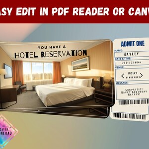 Hotel Reservation Surprise Gift Ticket: Editable Travel Invitation ...