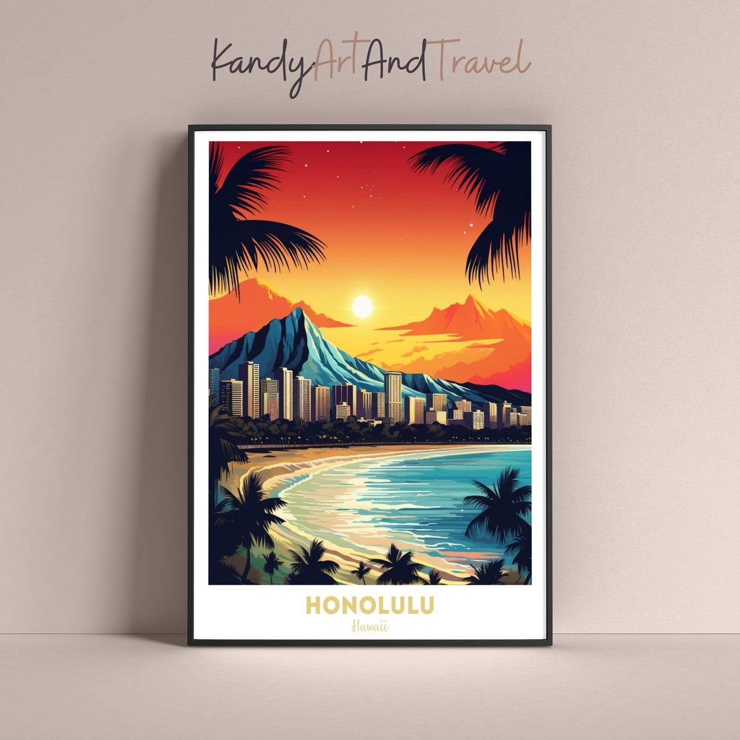 Honolulu Hawaii Travel Poster: Waikiki Beach, Diamond Head (digital ...