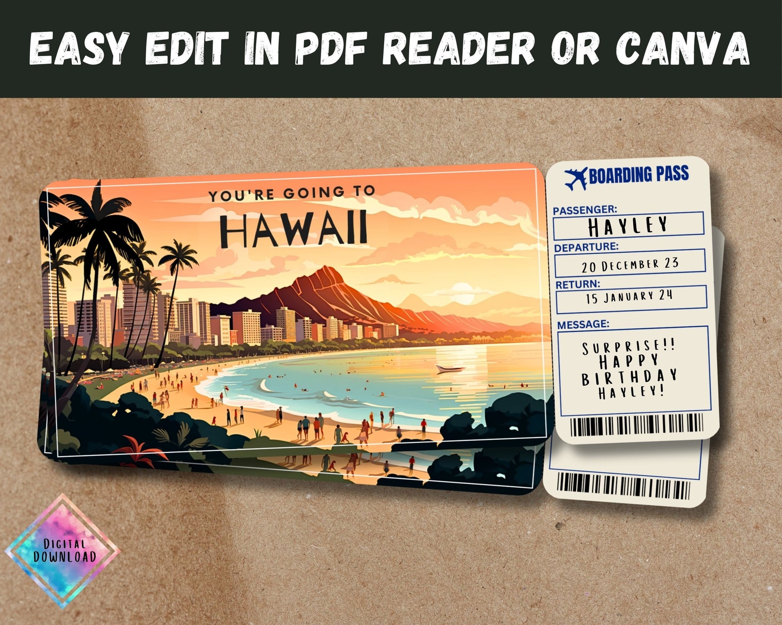 Hawaii USA Trip Surprise Gift Ticket You're Going to HAWAII Printable ...